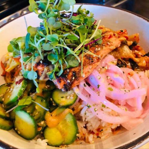 Salmon Bibimbap (a Korean Rice Bowl Recipe with Kimchi)